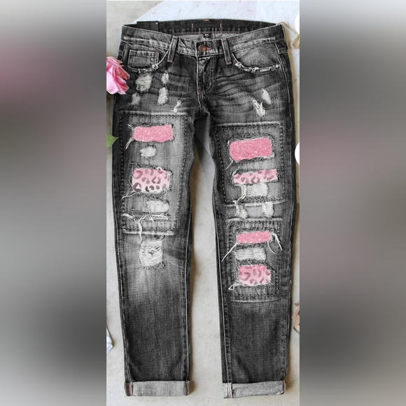Evaless | Jeans | New Black Pink Leopard Boyfriend Distressed Jeans L 4 ...
